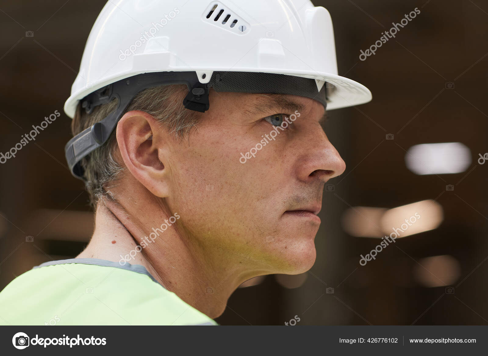 Side View Portrait Professional Construction Worker Wearing Helmet ...
