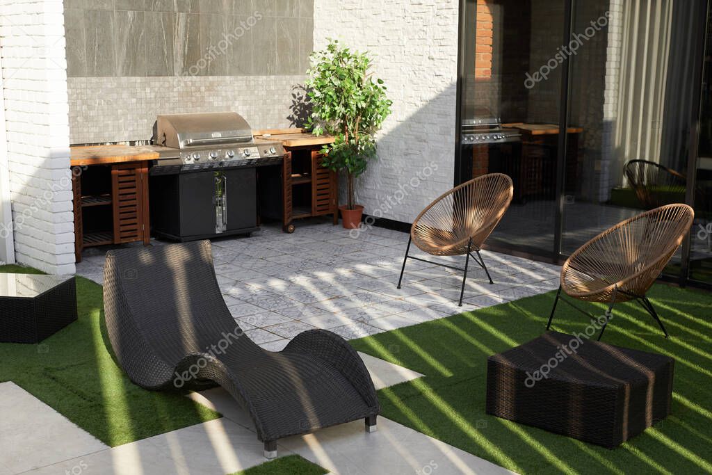 Imagen de fondo de terraza vacía con muebles de diseño al aire libre y ...
