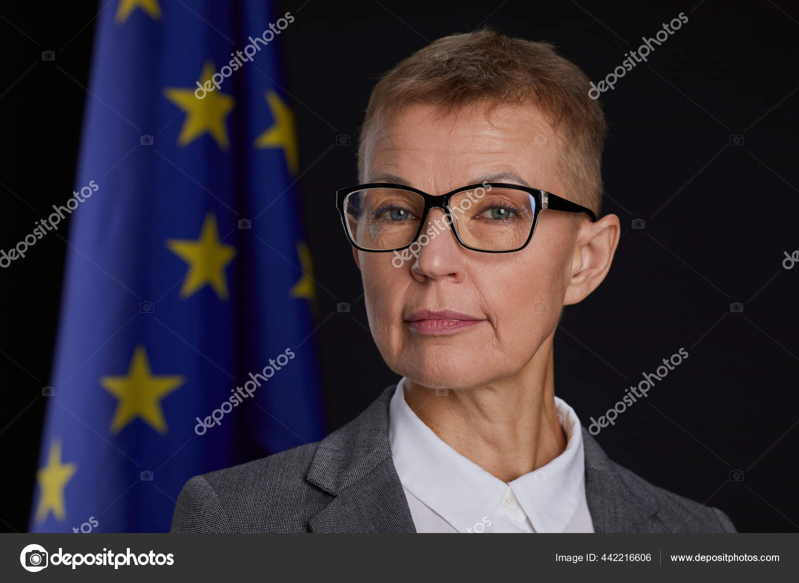 Close Portrait Mature Woman Wearing Glasses Looking Camera While