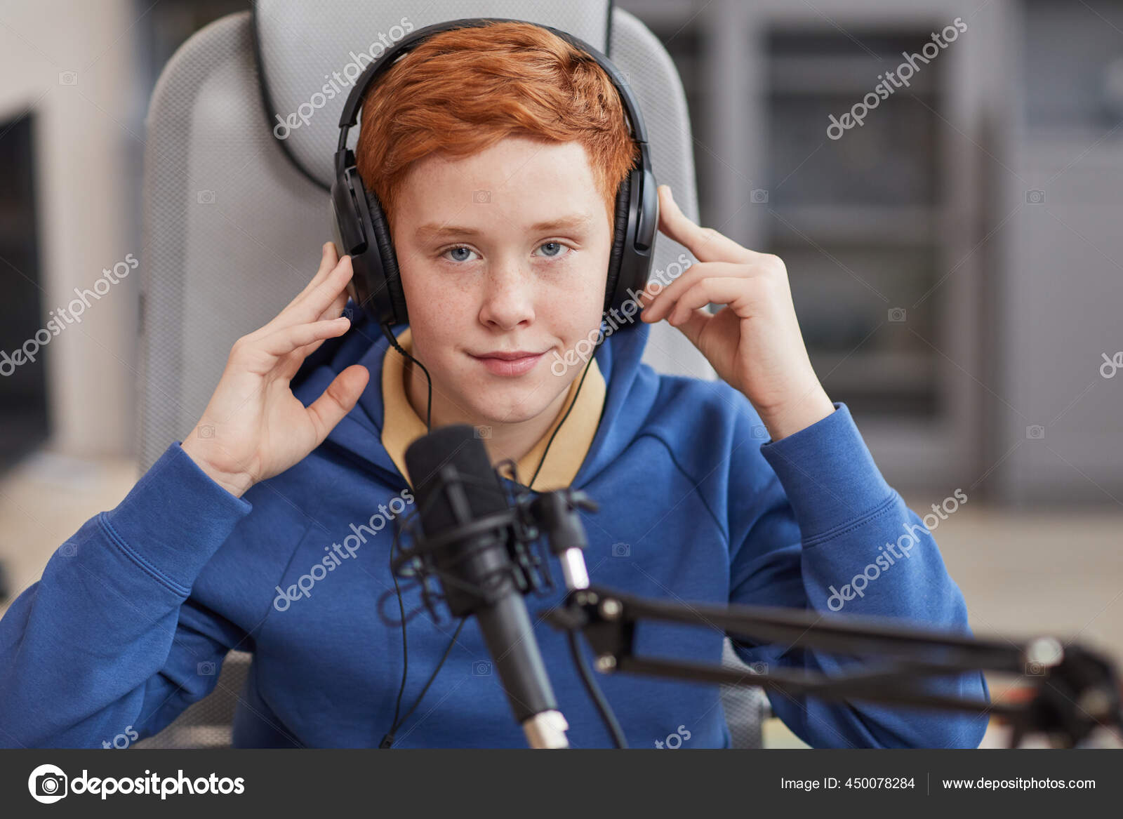 Front View Portrait Red Haired Teenage Boy Speaking Microphone Wearing ...