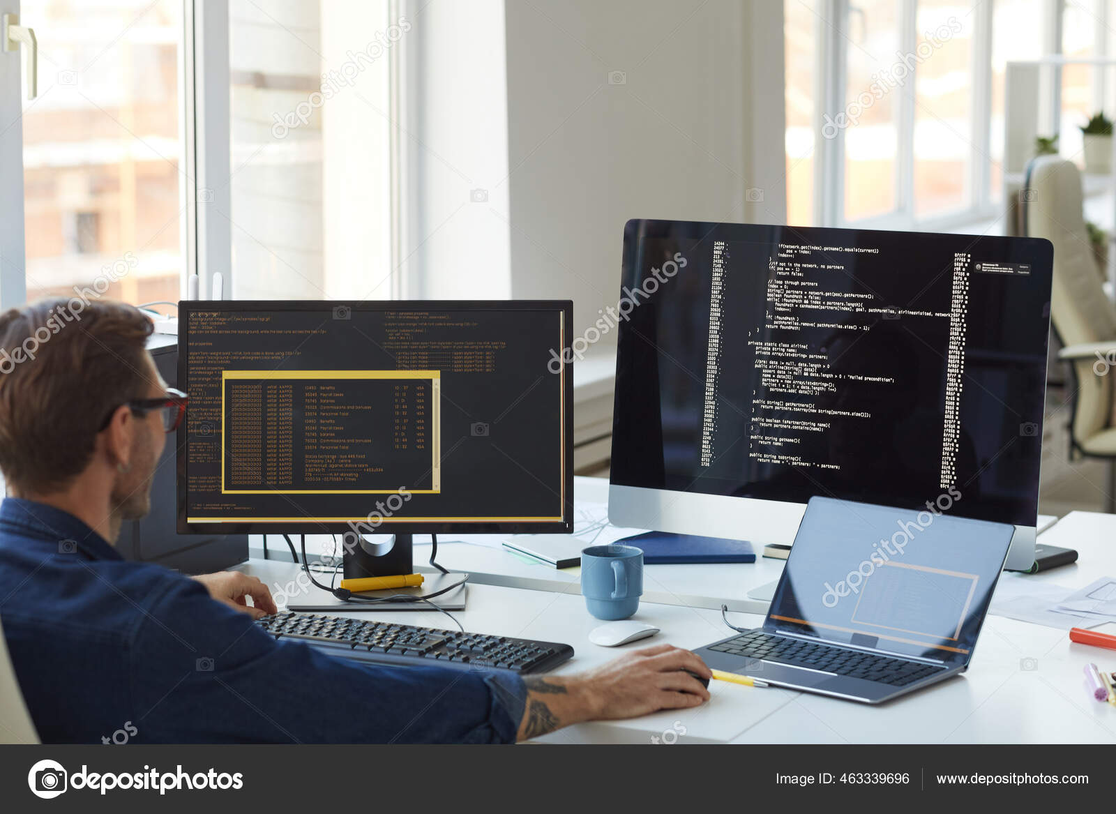 Back View Portrait Male Programmer Writing Code Computer Screen ...