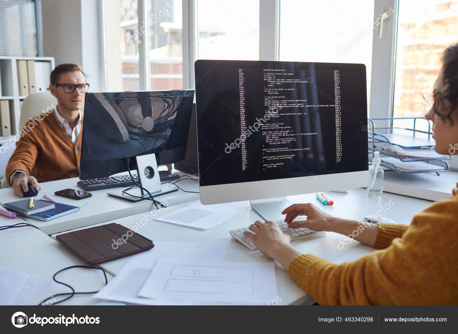 Close Developer Writing Code Computer Screen While Collaborating ...