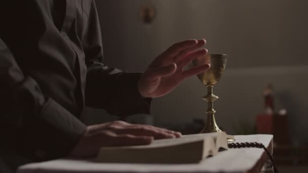 Medium Shot Unrecognizable Pastor Wearing Black Robe Standing Altar ...