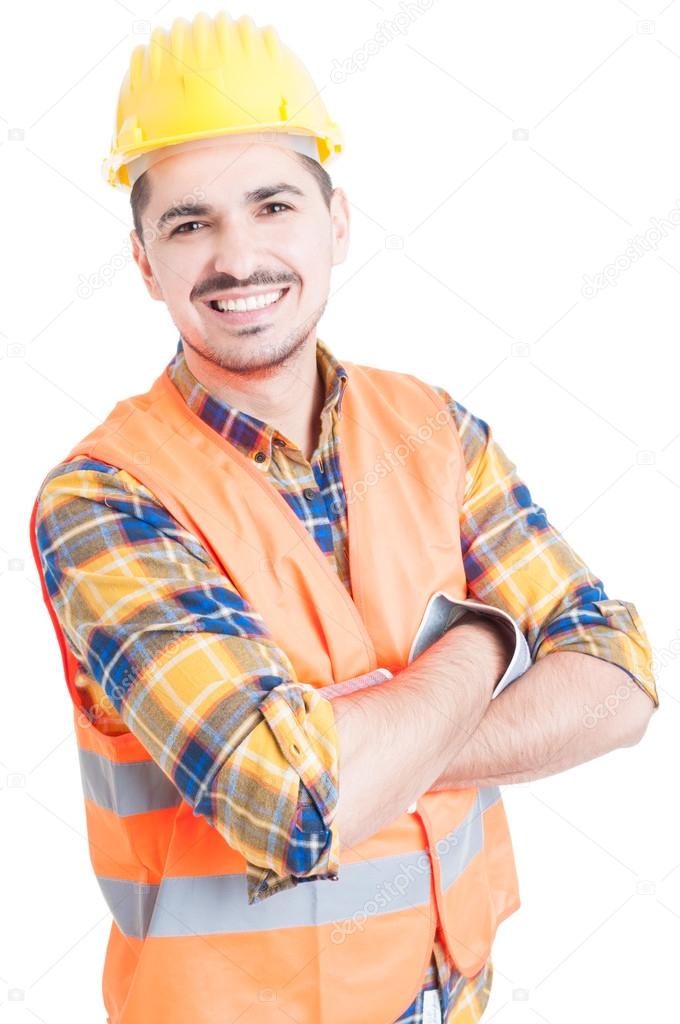 Smiling handsome constructor with folded arms looking cheerful — Stock ...