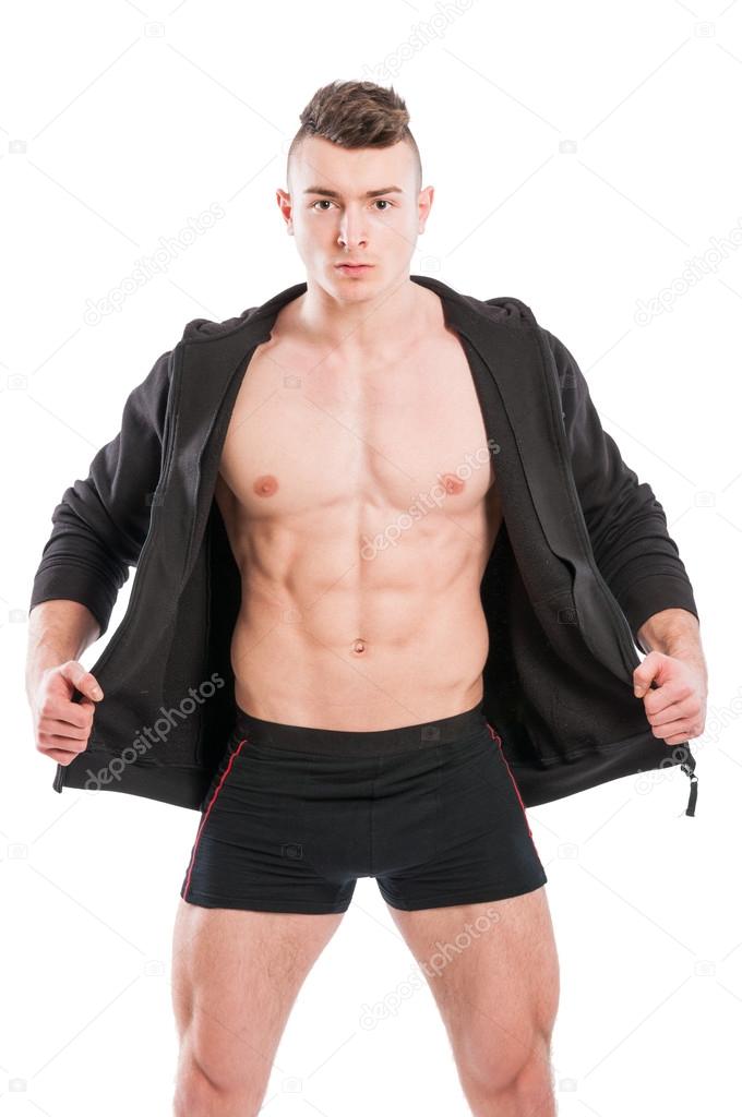 Young male model wearing open hoodie and underwear — Stock Photo ...