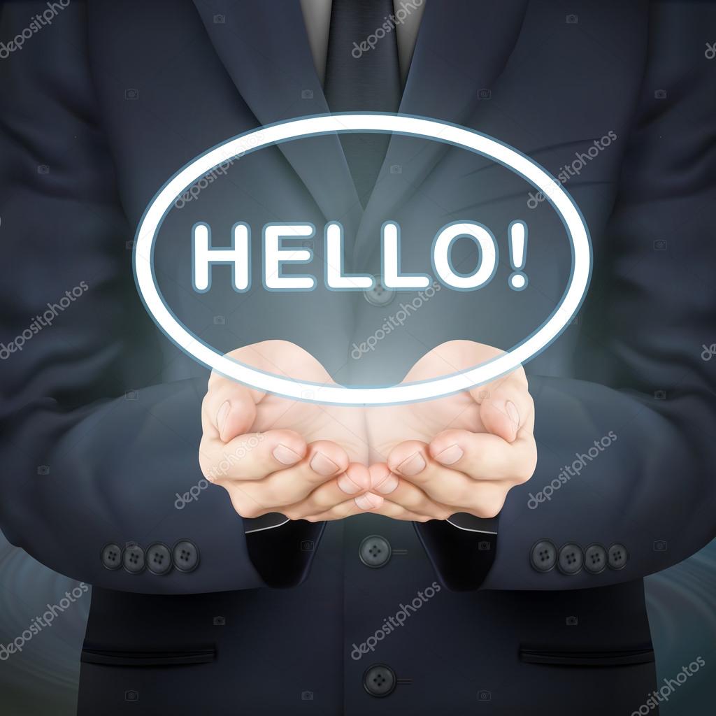 Businessman holding hello words Stock Vector Image by ©kchungtw #80669168