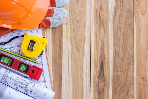 Architecture plan and rolls of blueprints with tool kit - Stock Image ...