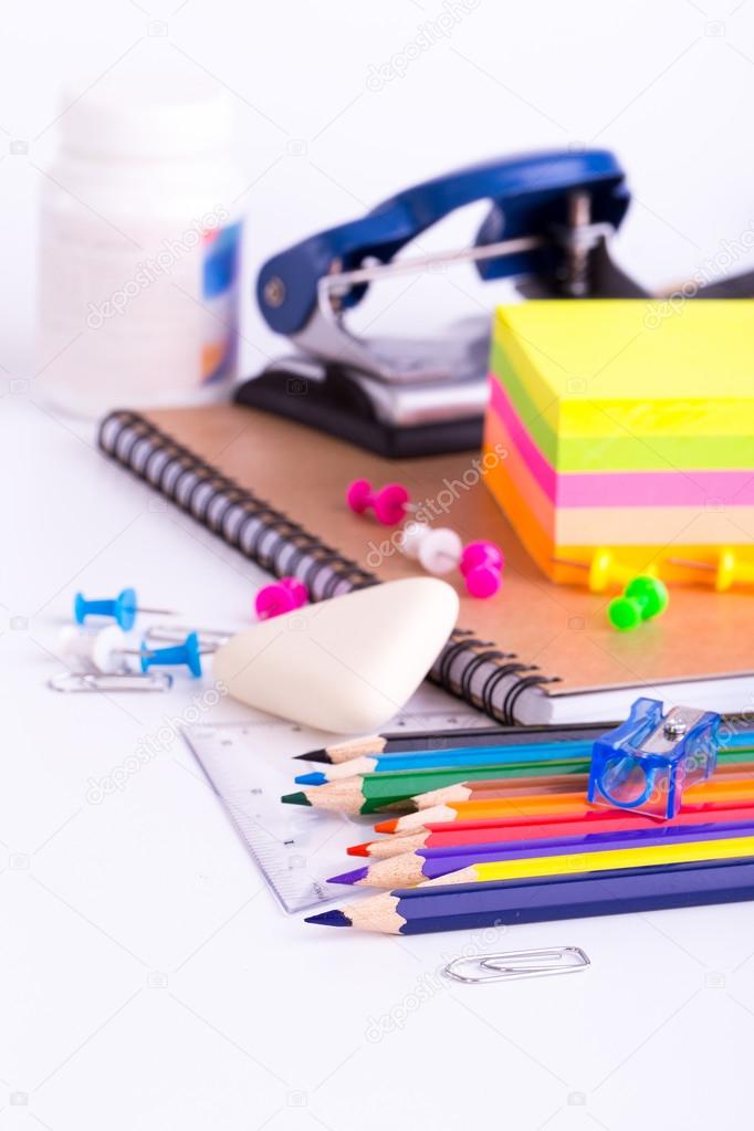 School supplies isolated on white background. Stock Photo by ©Garry ...