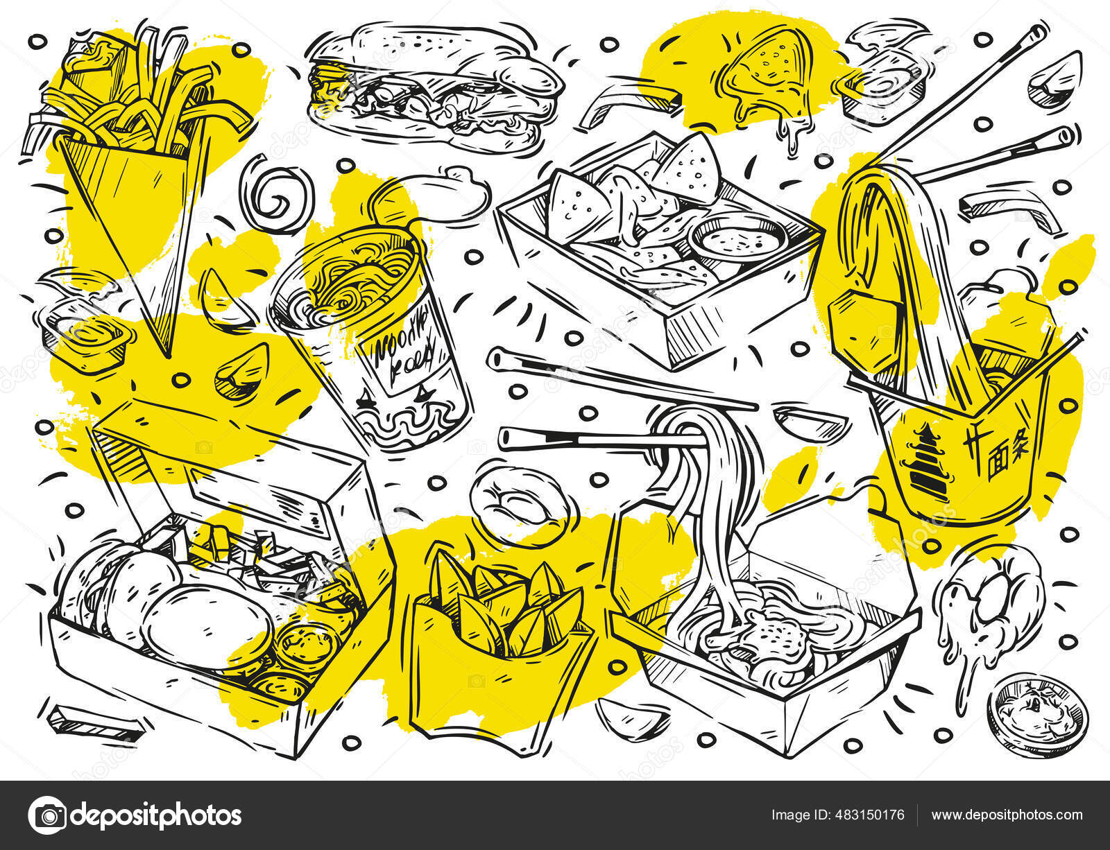 Set Hand Drawn Food Boxes Isolated White Background Doodle Collection ...