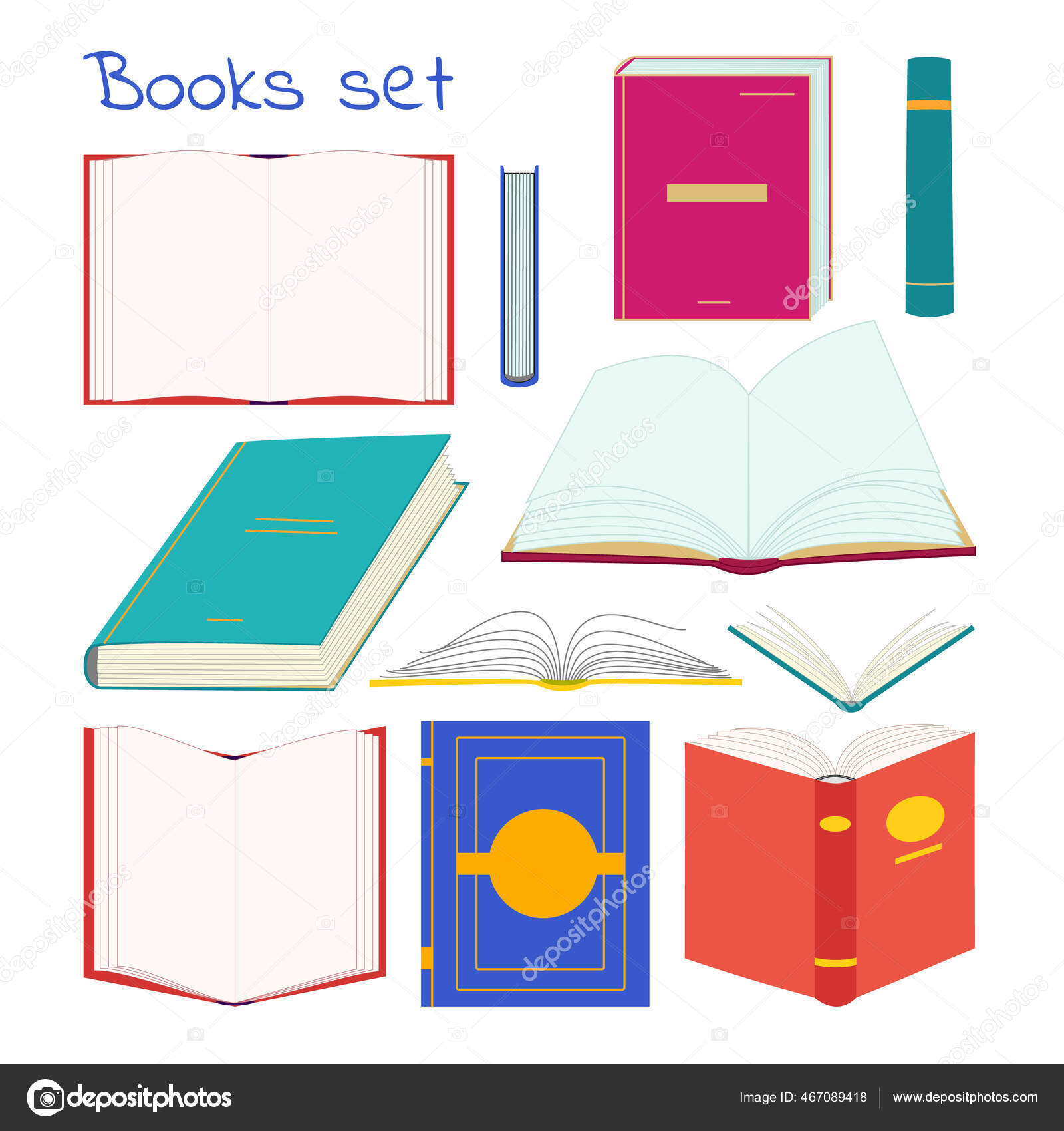 Books collection in different positions and colors. Vector opened and ...