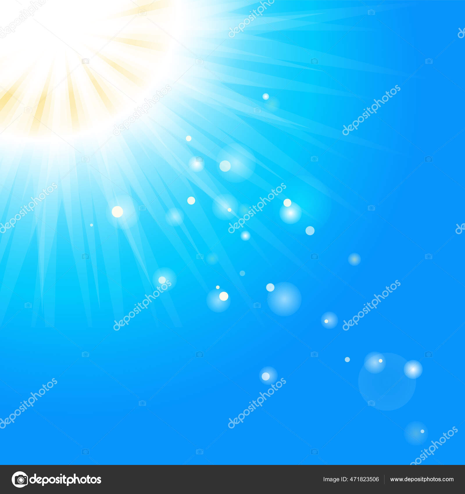 Sun with sun rays and bokeh blurs on blue background. Beautiful sunny ...