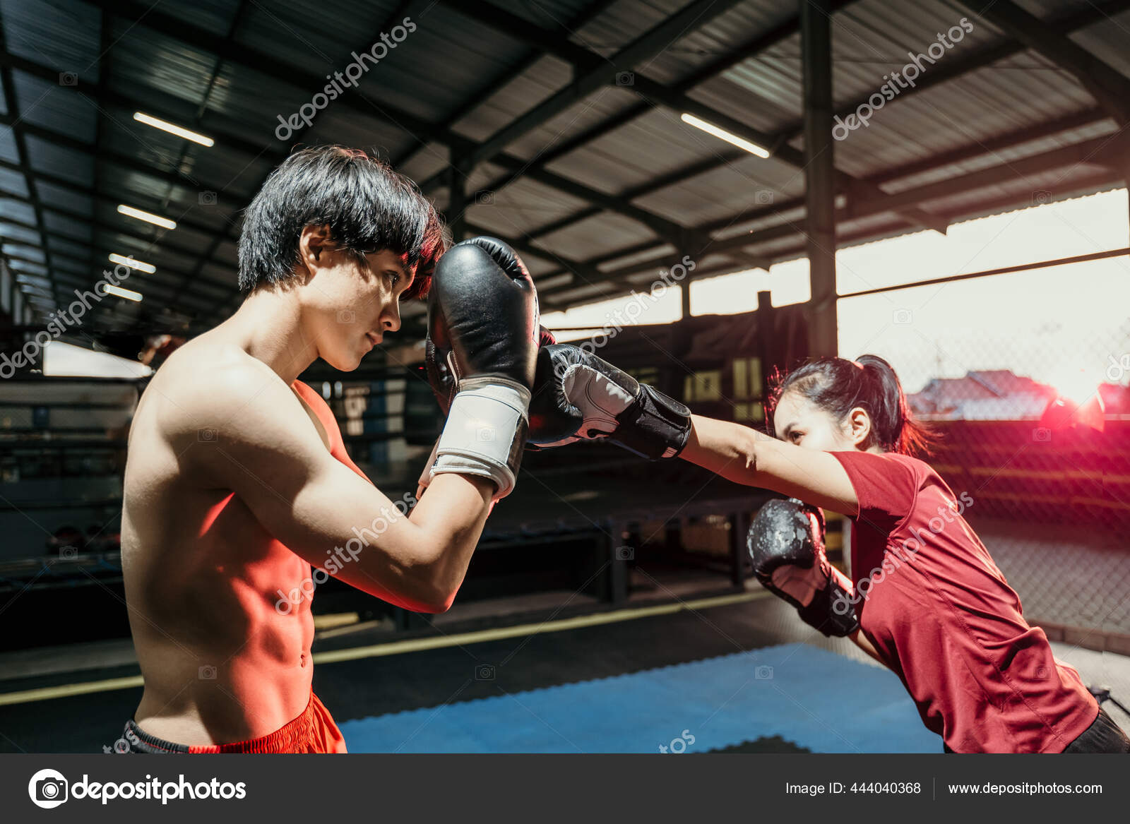 Female fighter attacking with punch motion and male boxer doing defend ...