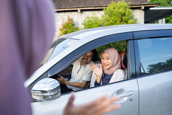 Asian Muslim Couple Car Waving Goodbye Family Eid Fitr Trip — Stock ...