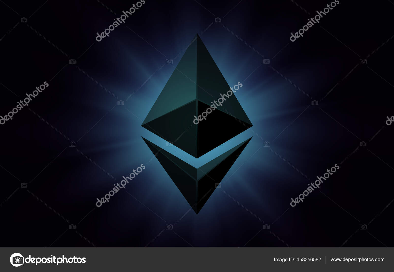 Black ethereum logo on dark purple background and blue light rays ...