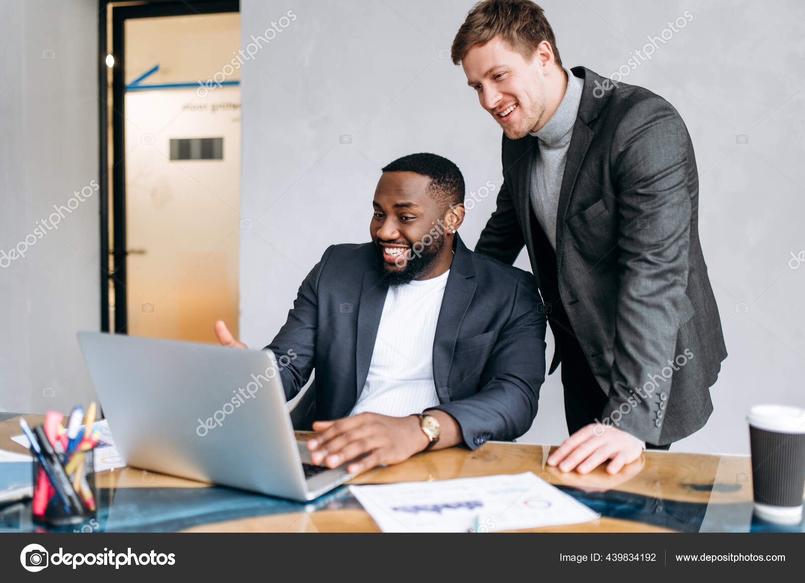 Successful Business Men Using Laptop Look Screen Search Ideas Startup ...