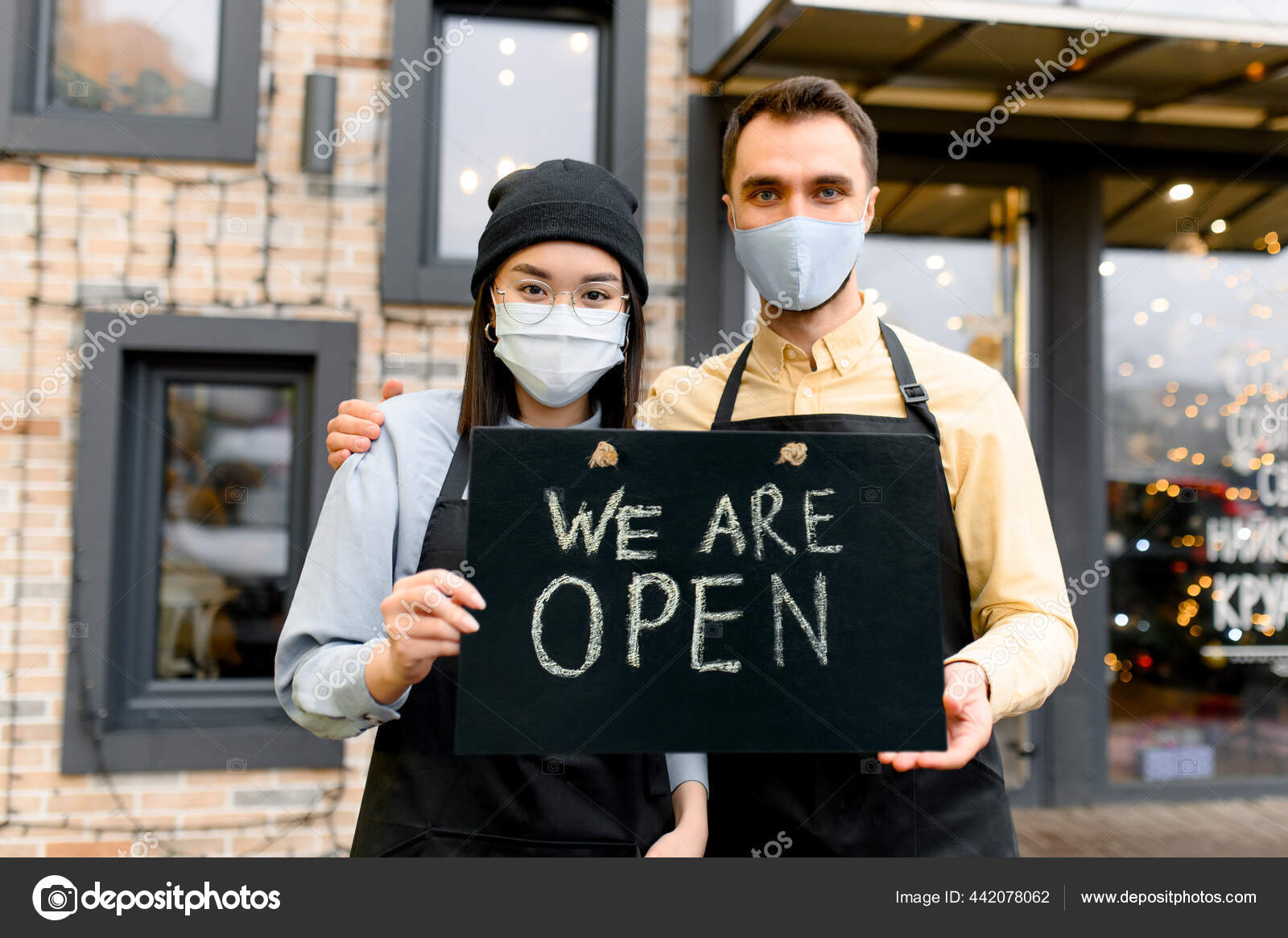 Welcome Open Two Friendly Waiters Wearing Protective Masks Multiracial ...