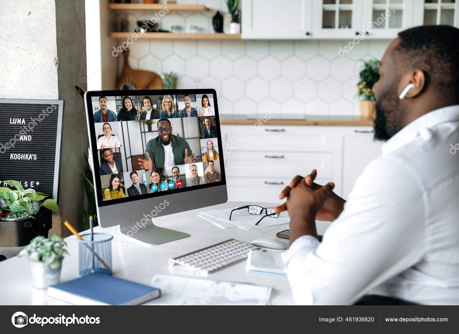Video conference. online meeting. Intelligent African American business ...