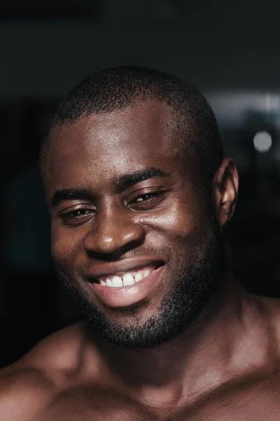 Nude Smiling African Macho Man Posing On Black Background Portrait Of