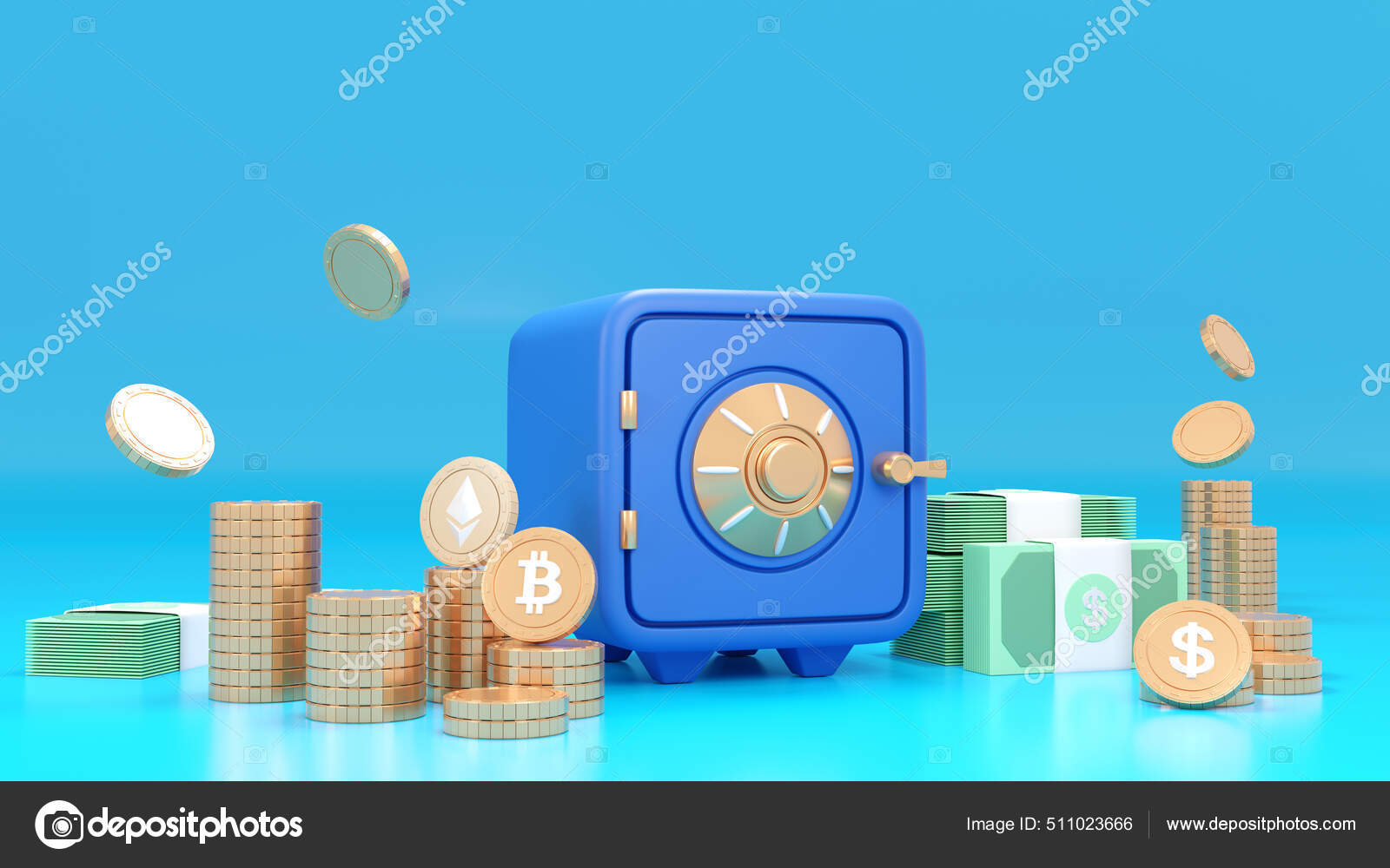 Green Safe Box Bitcoin Cryptocurrency Coins Stacks Dollar Cash Font ...