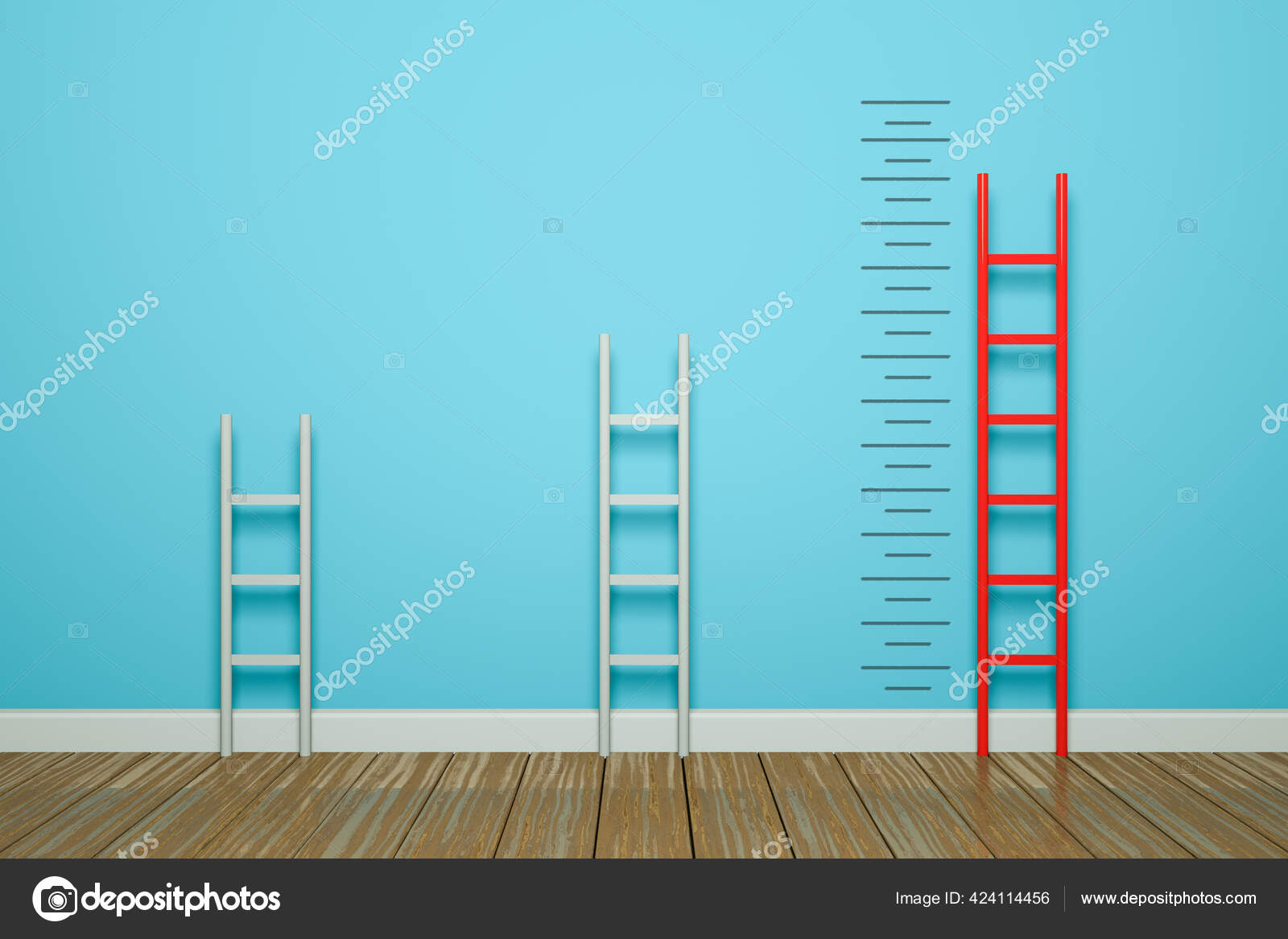 Three Ladders Measuring Red Ladder Growth Background Wall Standing Out ...