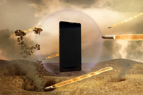 Smartphone or mobile phone in a transparent shield protecting from the ...