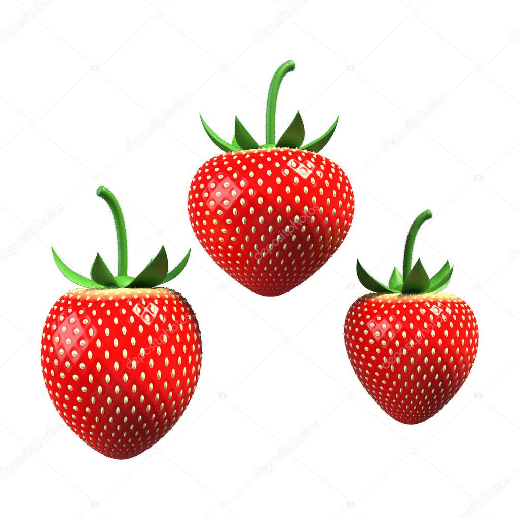 Tres fresas rojas dulces sobre un fondo blanco. ilustración 3d 2023