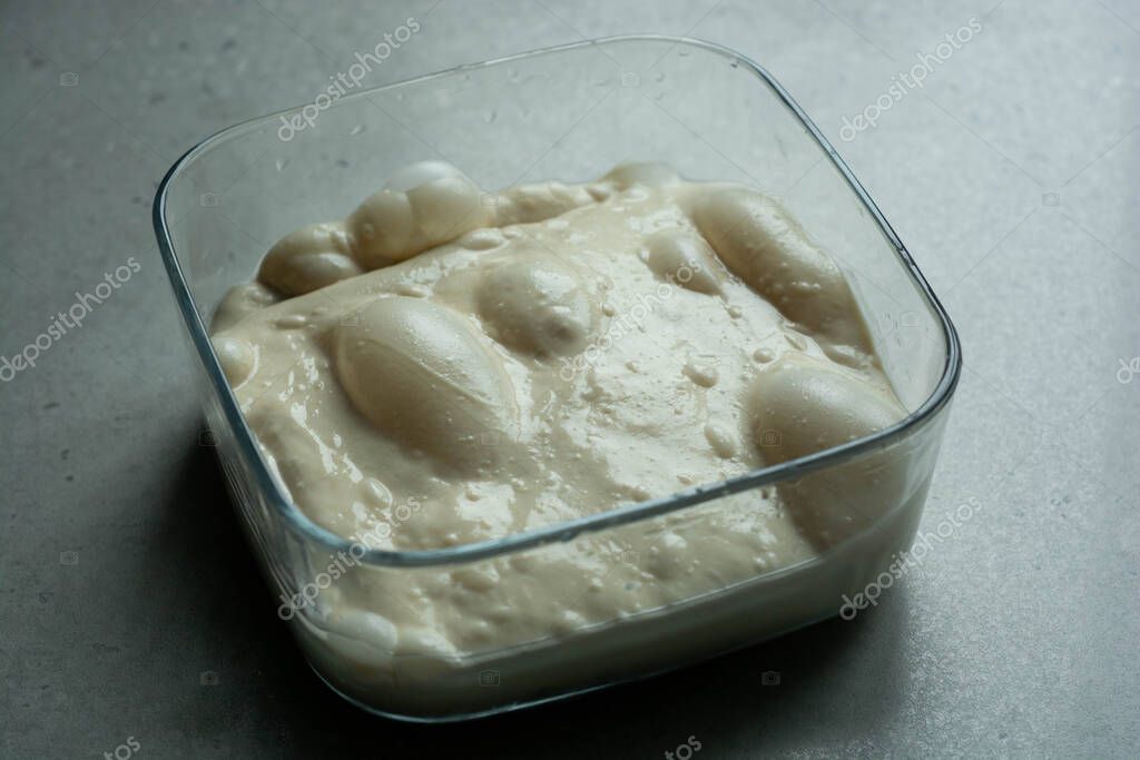 Masa fermentada de pan artesanal levantándose con burbujas. Masa cruda ...