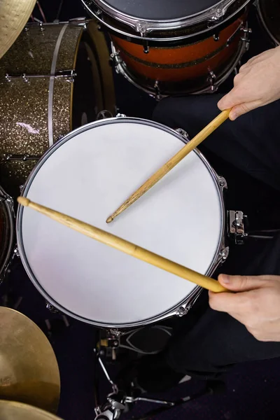 Professional drum set closeup. Man drummer with drumsticks playing ...