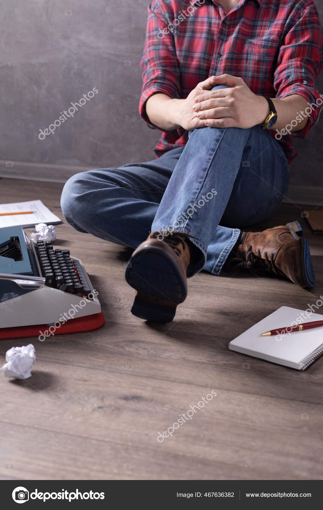 Man Sitting Floor Thinking Idea Writer Screenwriter Typewriter Creative ...