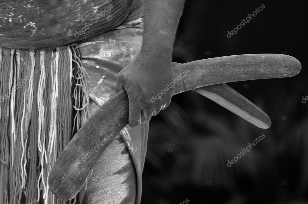 Yugambeh Aboriginal warrior man hand holds boomerangs — Stock Photo ...