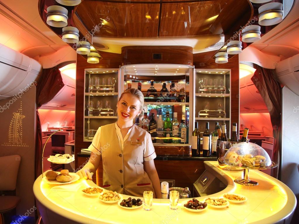 Emirates Airbus A380 in flight cocktail bar and lounge – Stock ...