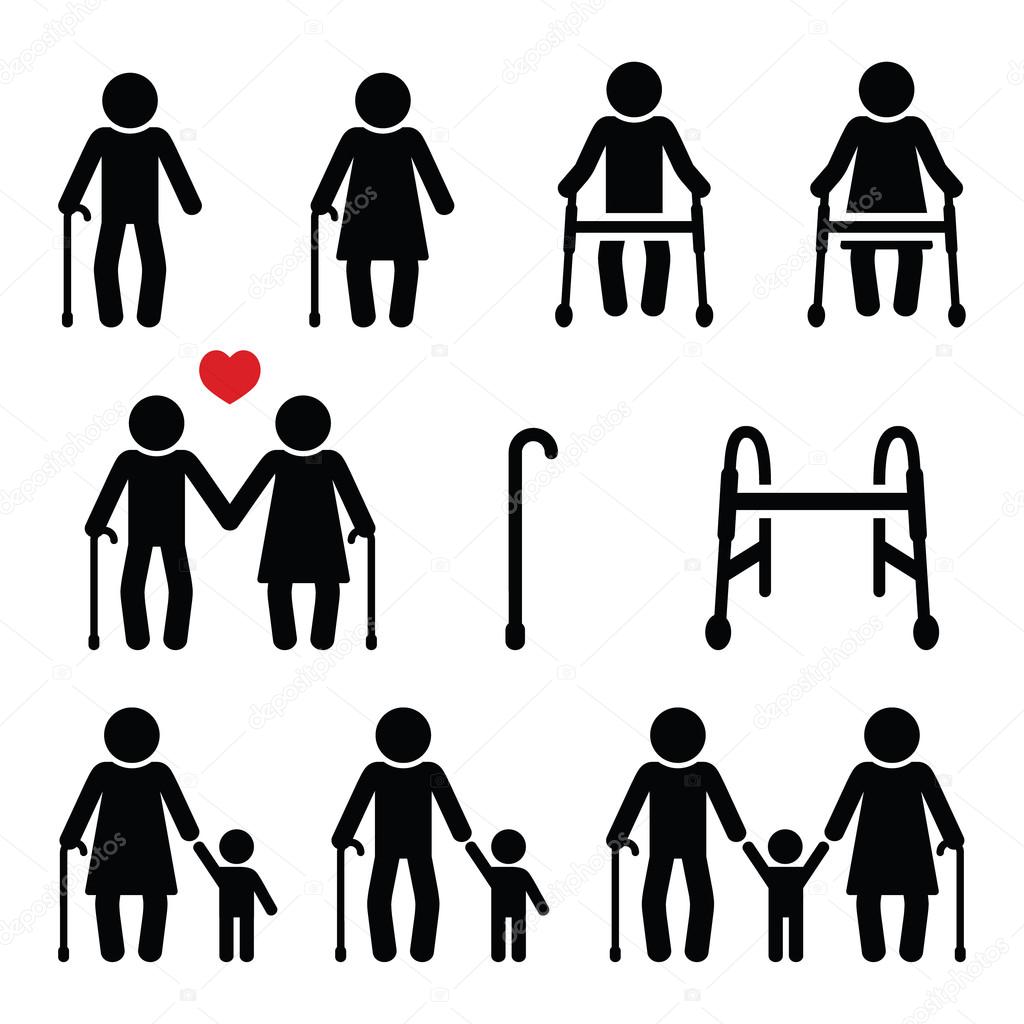 Old people, seniors with walking stick or Zimmer frame, grandparents ...