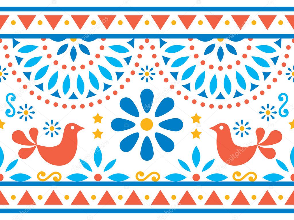 Vector de arte popular mexicano patr n largo sin costuras con p jaros y flores, textil o dise o ...