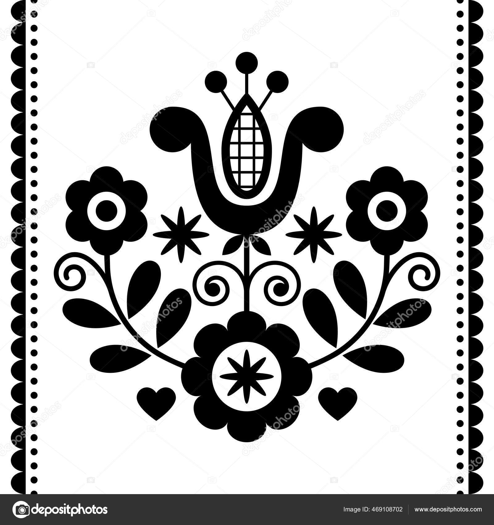 Polish Folk Art Vector Black White Design Flowers Perfect Greeting ...