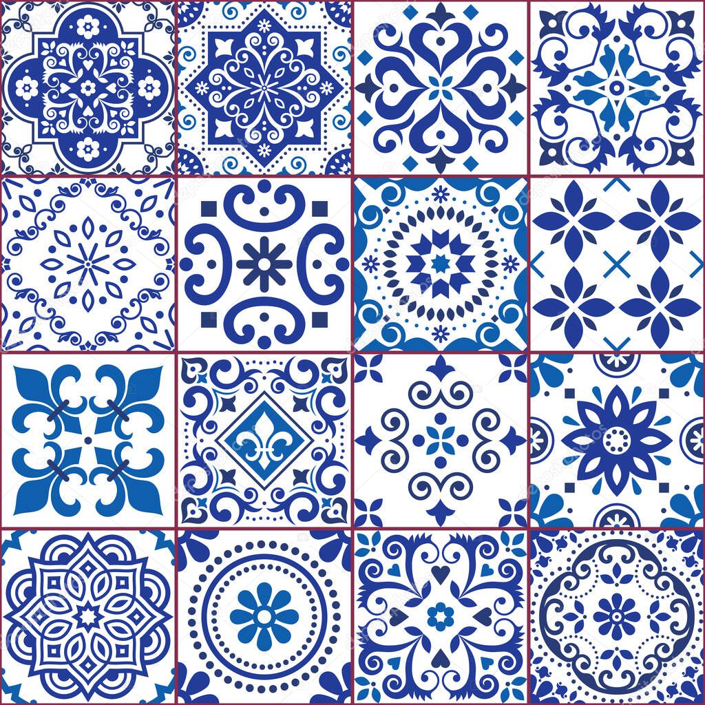 Azulejos portugueses y españoles azulejo colección de patrones vectoriales sin costuras en azul ...