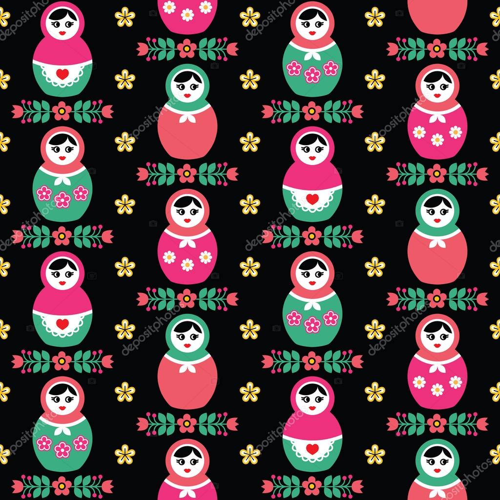 Russian doll Matryoshka folk seamless pattern on black Stock Vector ...