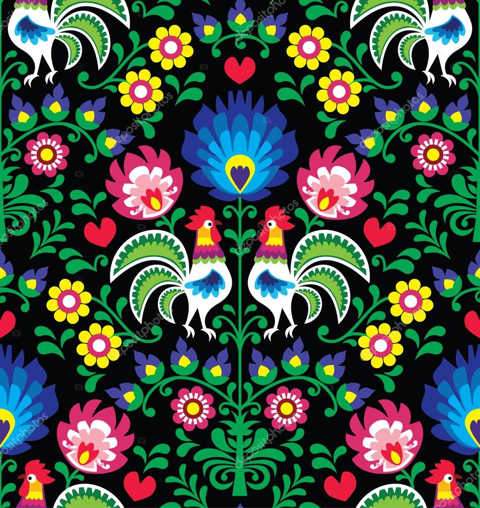Wzór bezszwowe polskiej sztuki ludowej z koguty - Wzory Lowickie ...