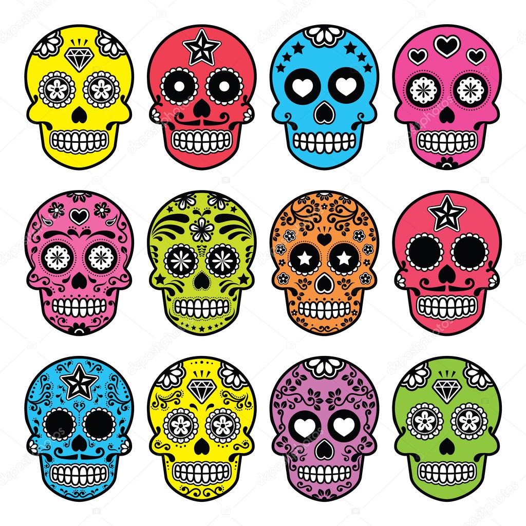 Cráneo de azúcar mexicano de Halloween, conjunto de iconos de Dia de ... Cráneo de azúcar mexicano de Halloween, conjunto de iconos de Dia de ...