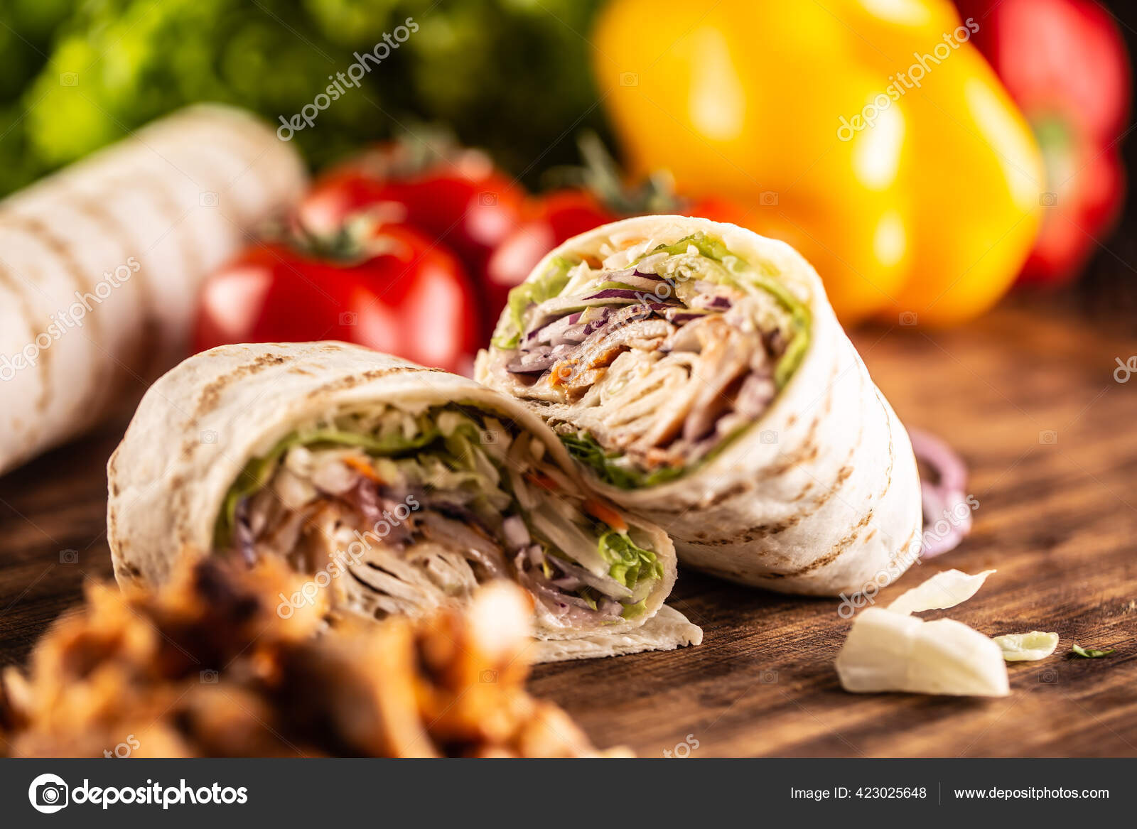 Kebab Filled Tortilla Wraps Table Vegetables Teh Background Stock Photo ...