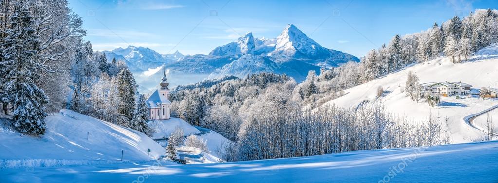 Winter landscape in the Bavarian Alps with church, Bavaria, Germany ...