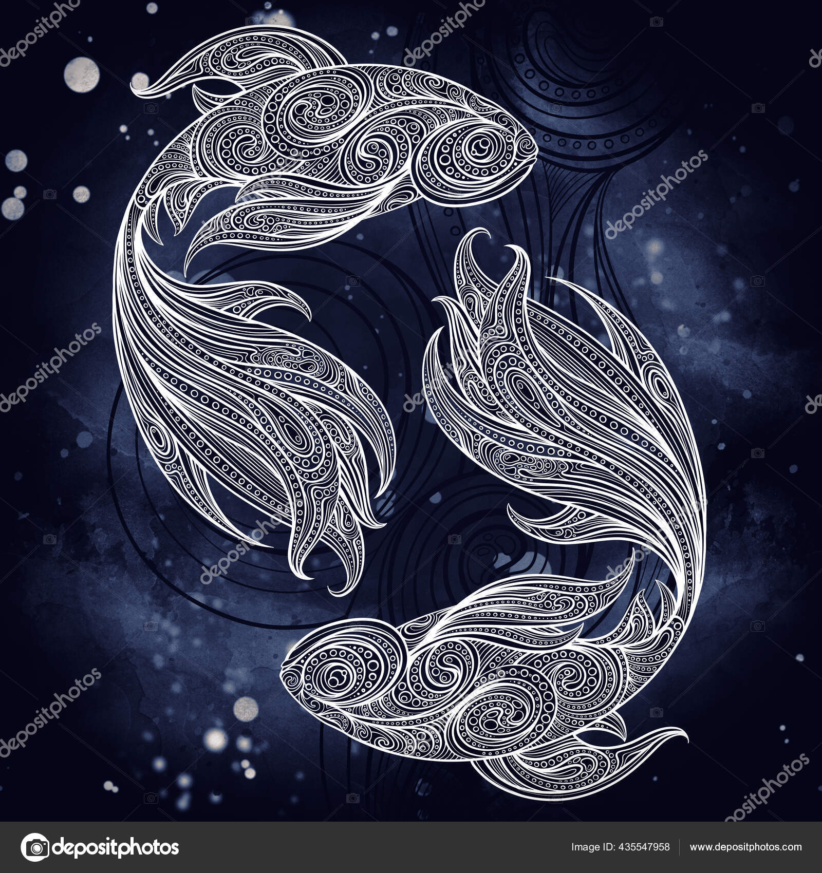 Decorative Beautiful Fish Ornamental Technique Line Art Waves Curls ...