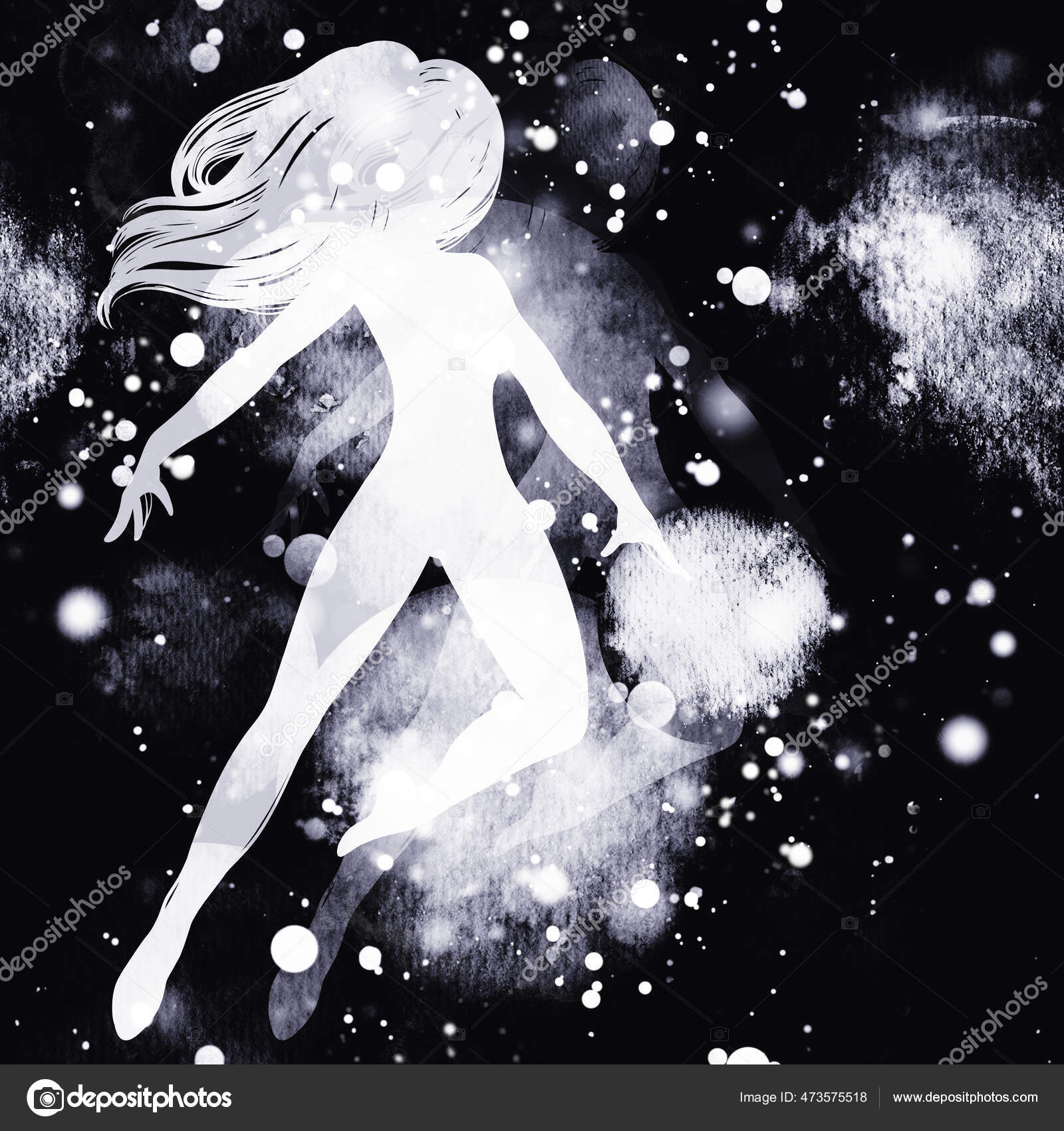Dance Alone Universe Young Naked Girl Long Hair Dancing Stars Stock