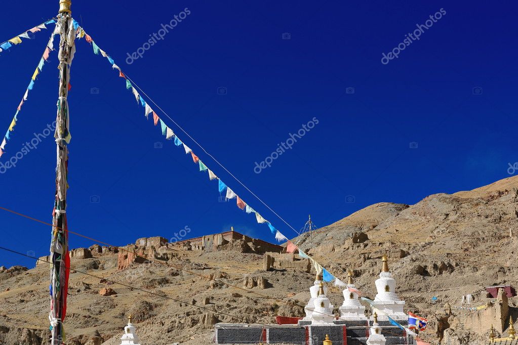 Prayer flags and stupas of the northern temple. Sakya-Tibet. 1816 ...