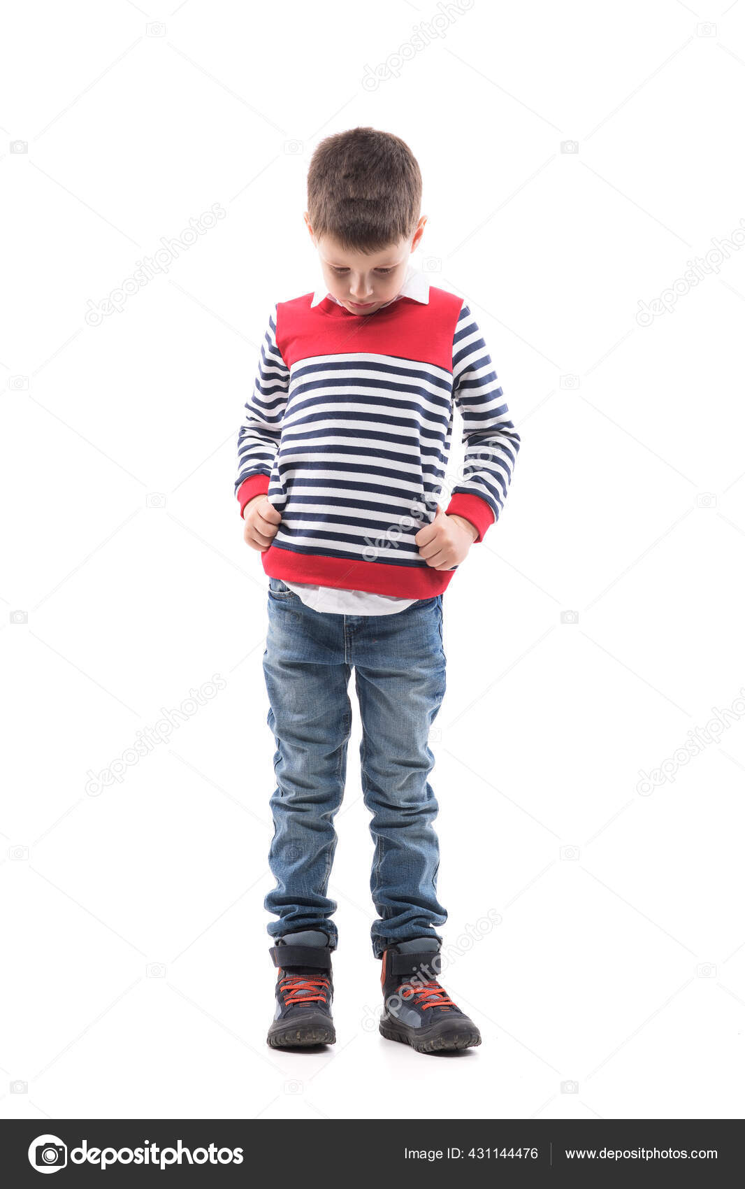 Sad Disappointed Little Kid Bowed Head Looking Complaining Full Body ...
