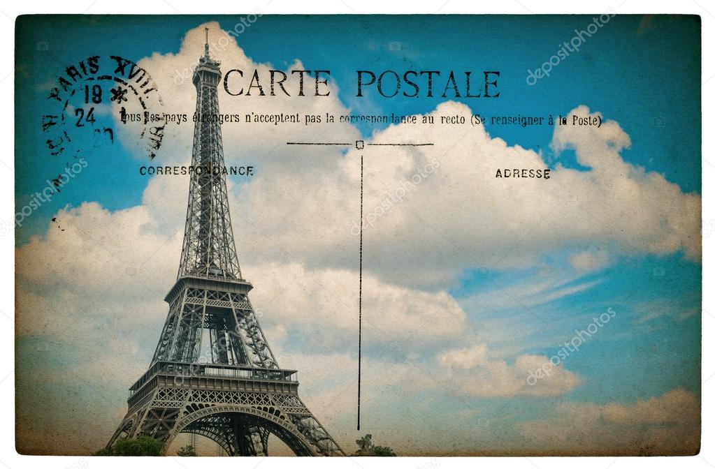 Antique french postcard from paris with eiffel tower and blue s — Stock ...