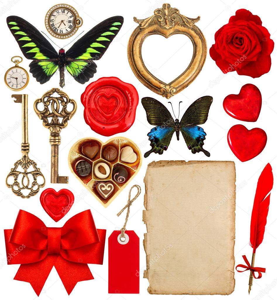Objects for Valentines Day scrapbook. Paper page, red hearts, ph ...