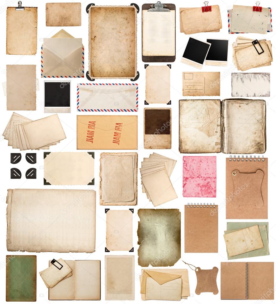 Aged paper sheets, books, pages and old postcards isolated on wh ...