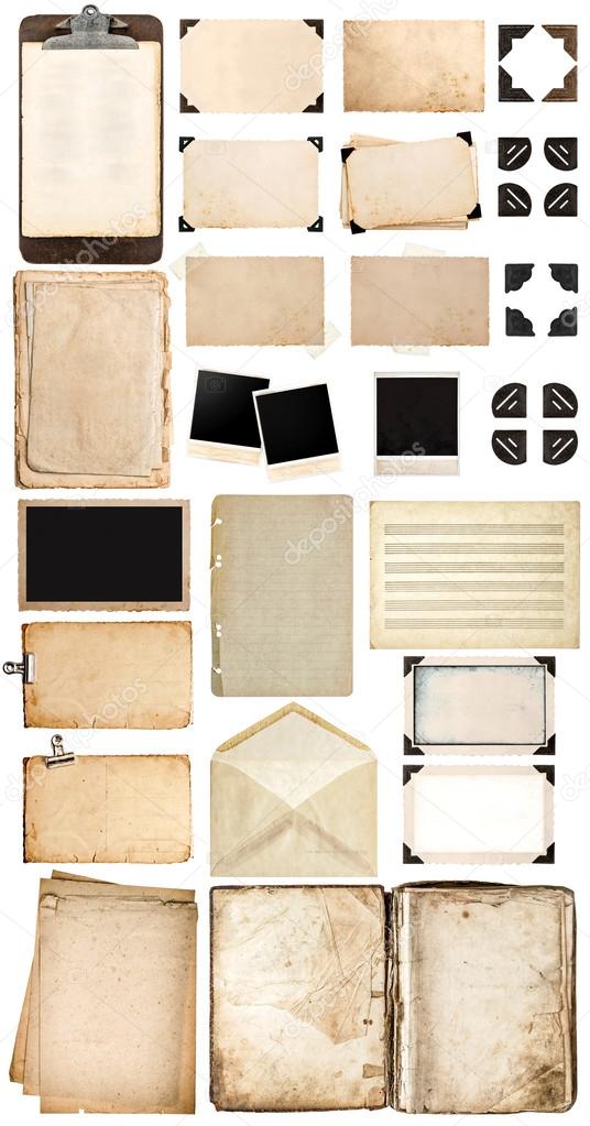 Used paper sheets, book, vintage photo frames and corners, antiq ...