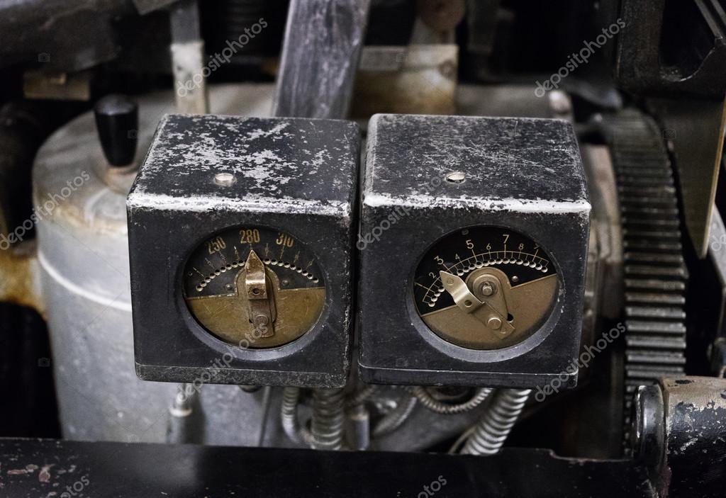 Measuring instrument of the old machine in factory — Stock Photo ...