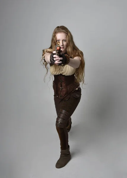 Full Length Portrait Young Brunette Girl Wearing Brown Leather ...